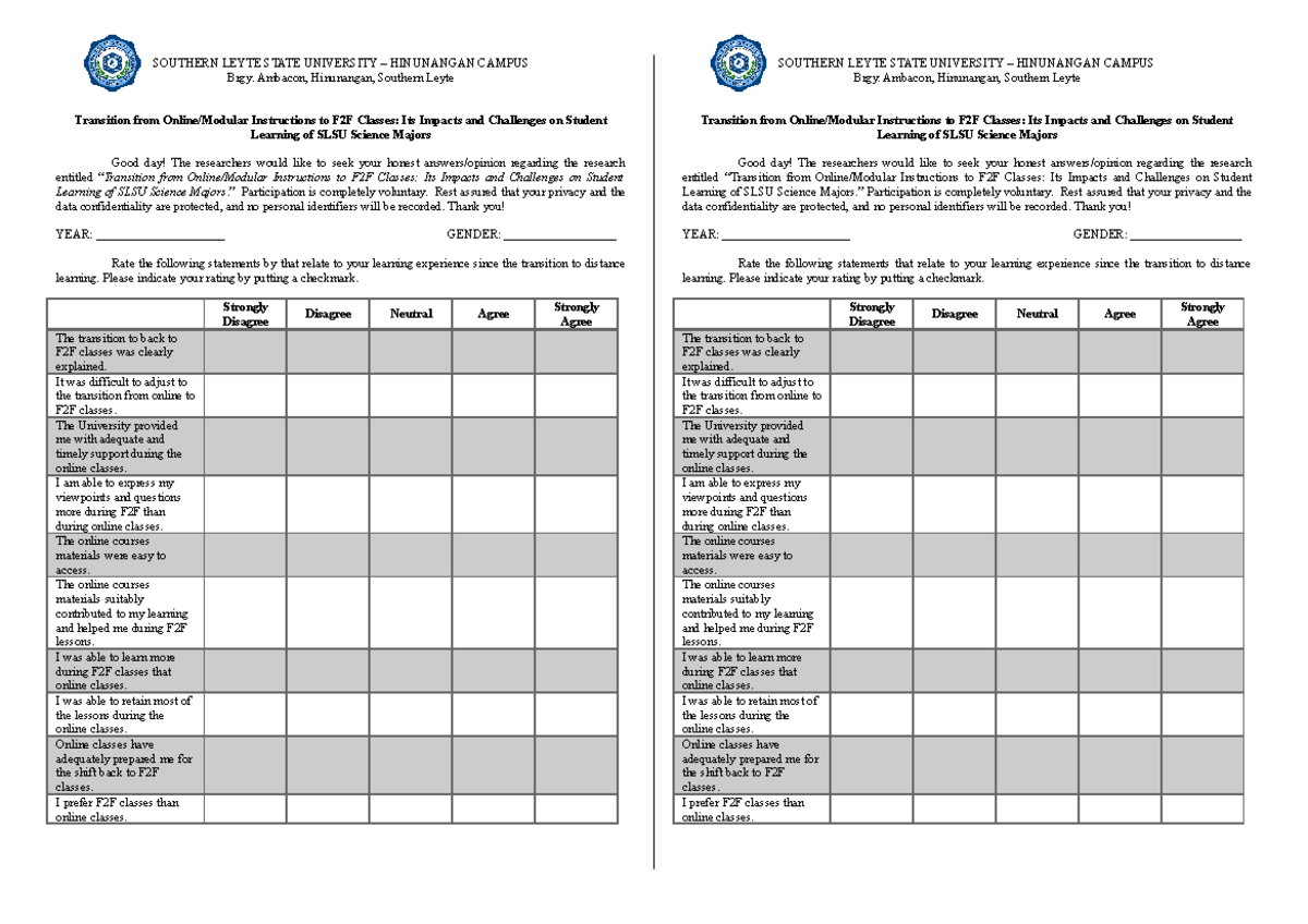 Questionnaire - SOUTHERN LEYTE STATE UNIVERSITY – HINUNANGAN CAMPUS ...