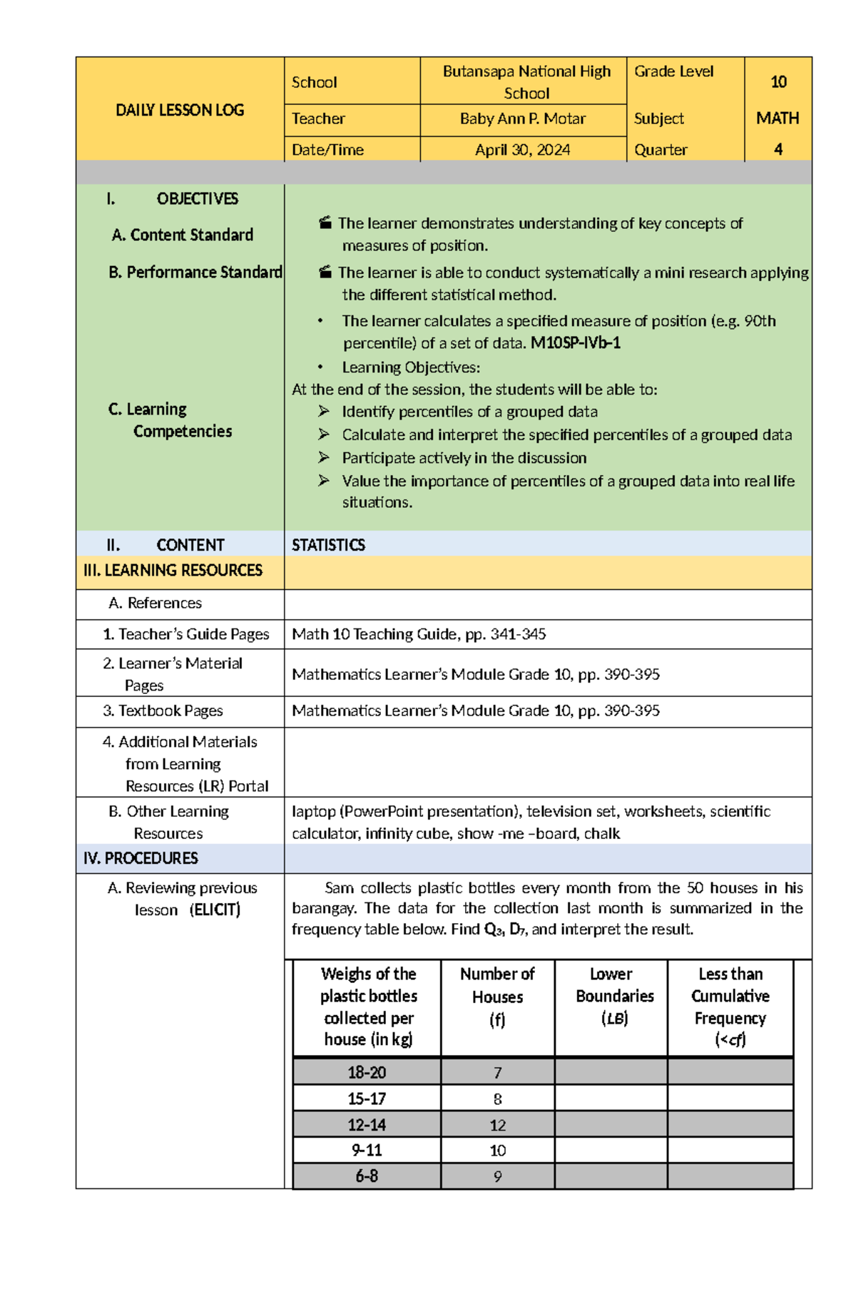 Lesson plan for percentiles for grouped data ( Final demo) - DAILY LESSON LOG School Butansapa ...