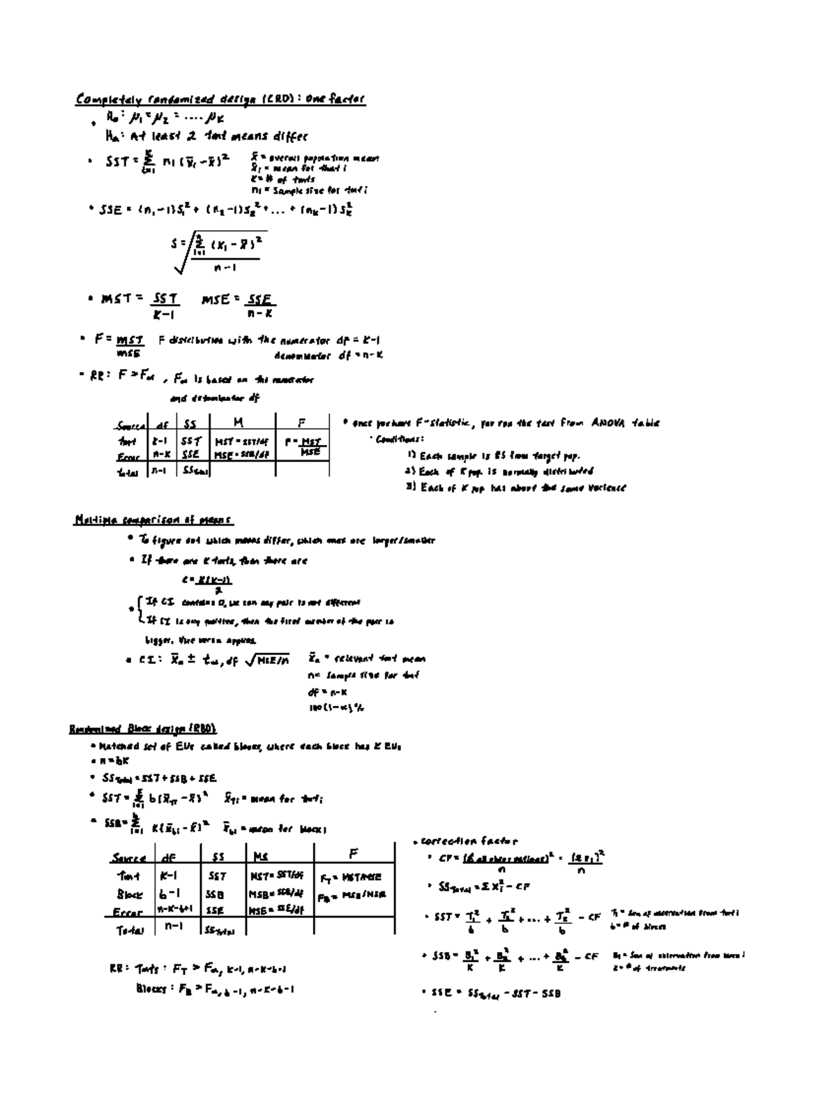 Formula sheet - Completely randomized design 1C RD one factor Ho μ Nz ...