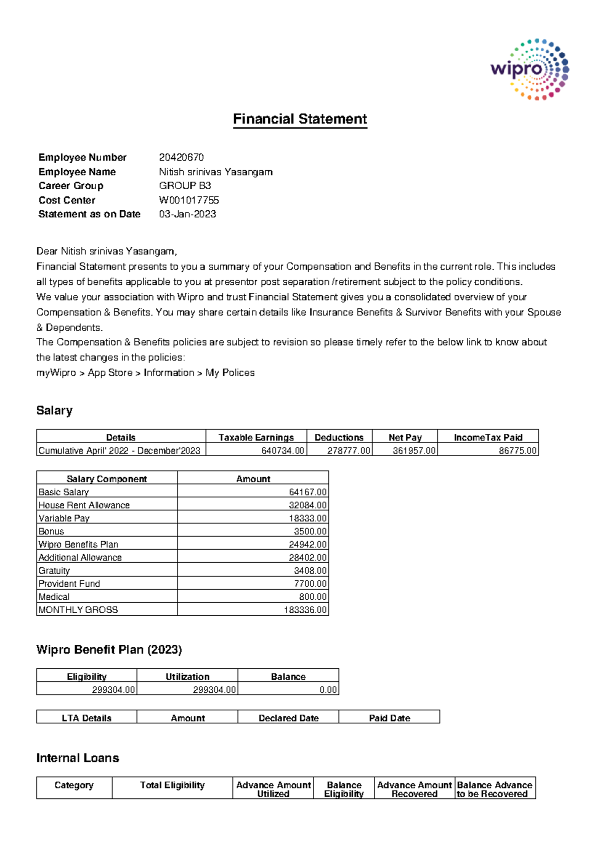 Salary Stackee abcccc - Financial Statement Dear Nitish srinivas ...