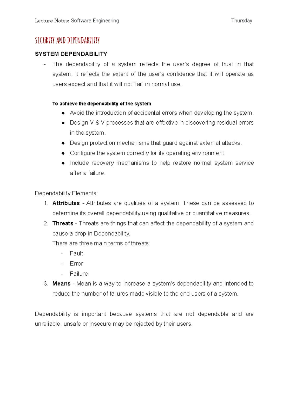 Security And Dependability Week14 Lecture Notes Lecture Notes Software Engineering