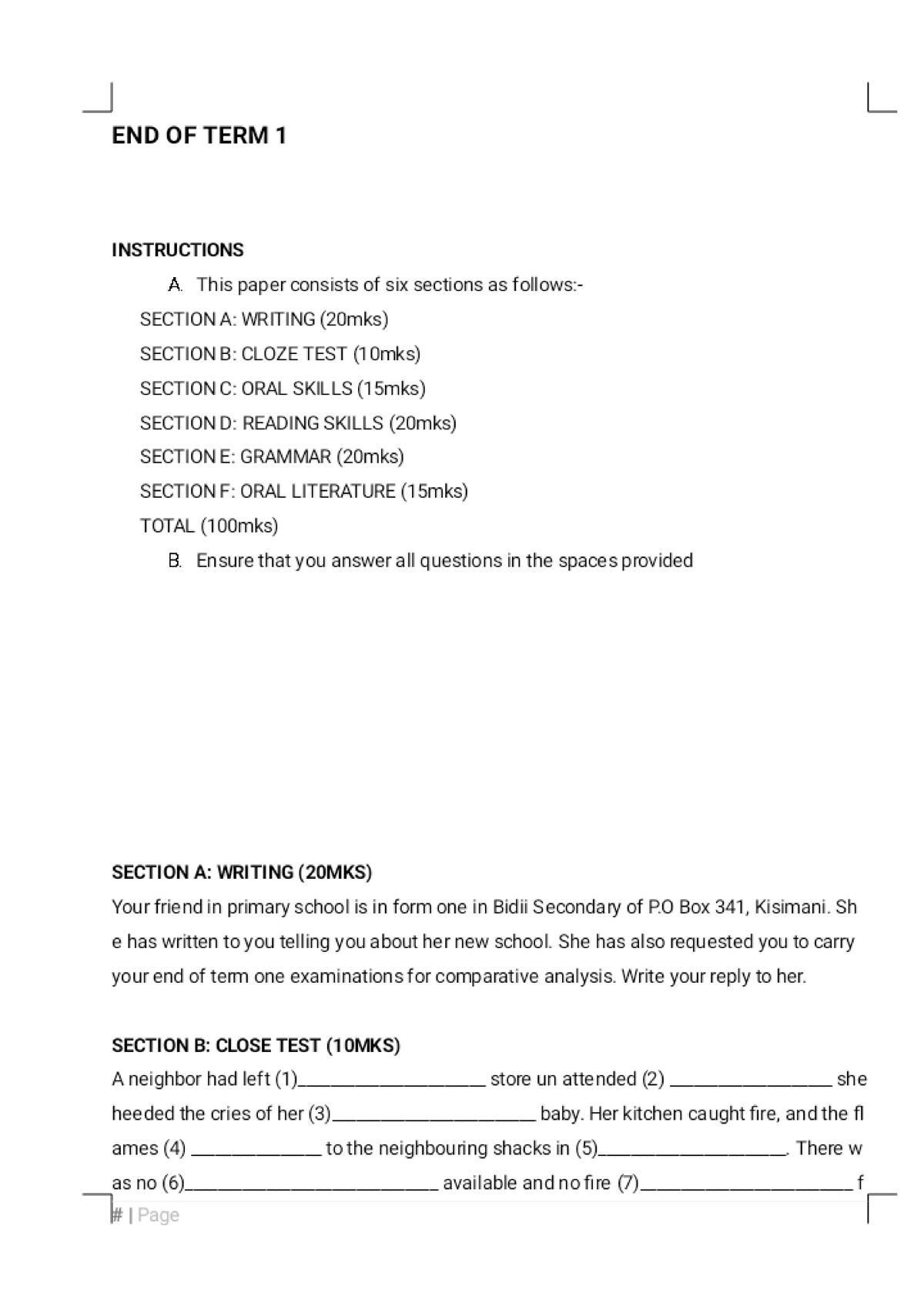 English-FORM-1 - Notes - END OF TERM 1 INSTRUCTIONS A. This paper ...