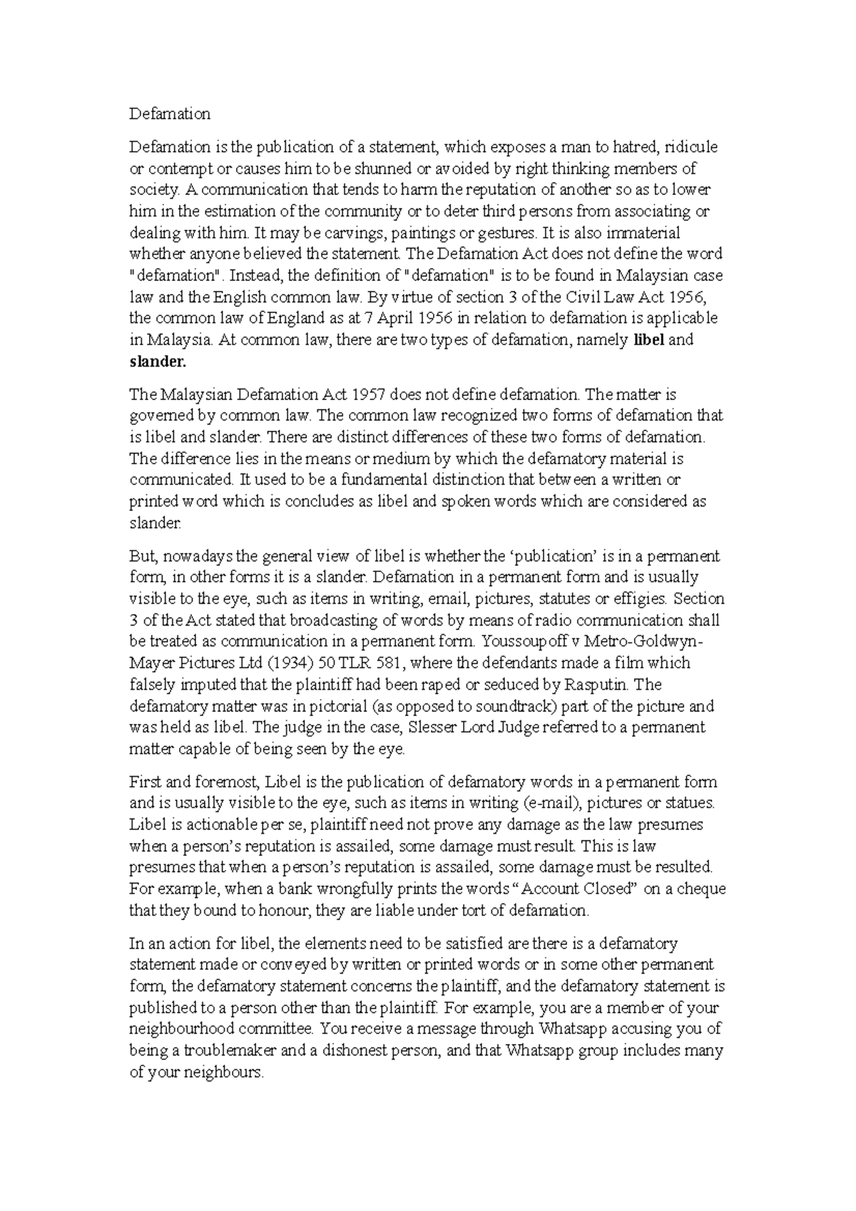 Defamation ACT 1964 PGP0022 2020/2021 - Defamation Defamation is the ...