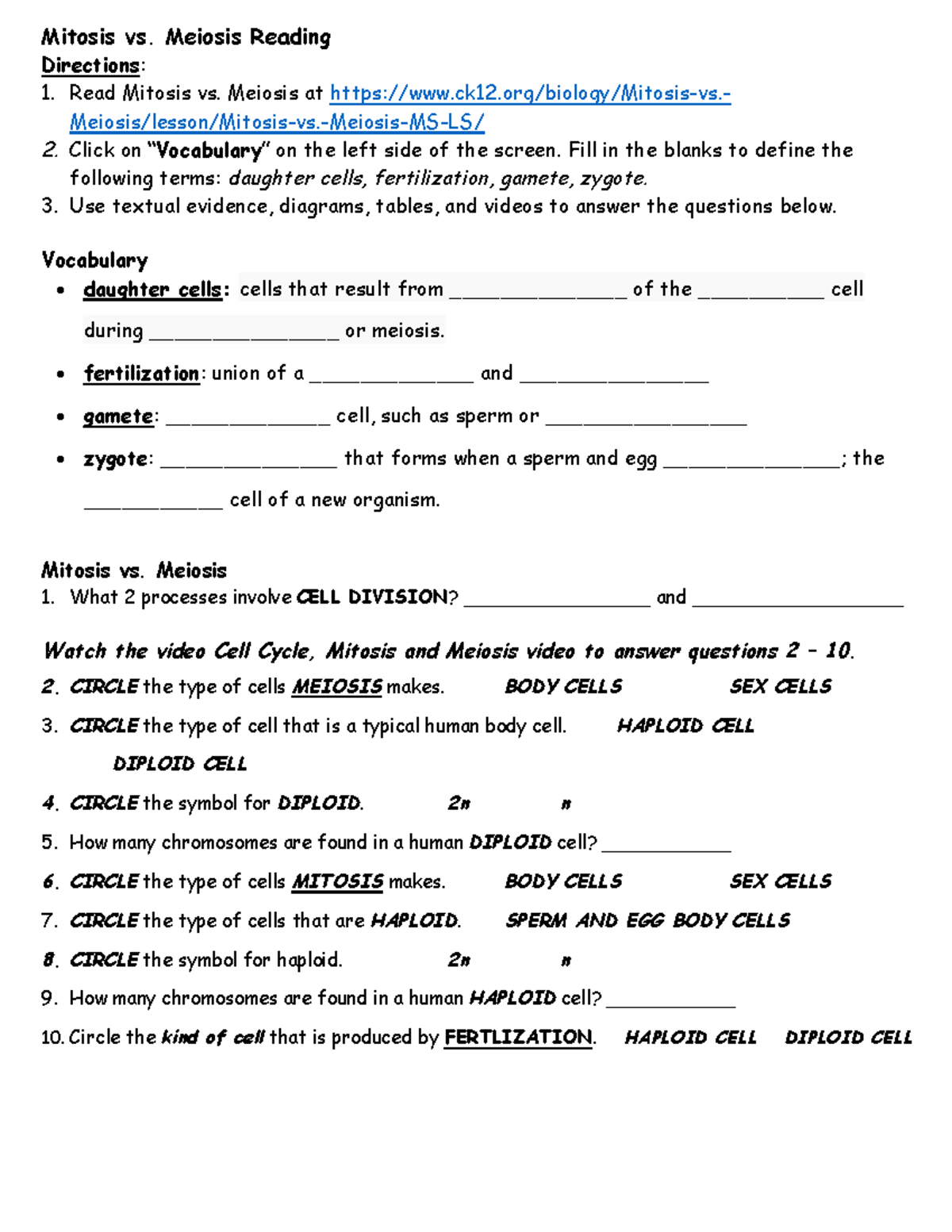 Mitosisand Meiosis Webquest Level 1-1 - Mitosis vs. Meiosis Reading ...