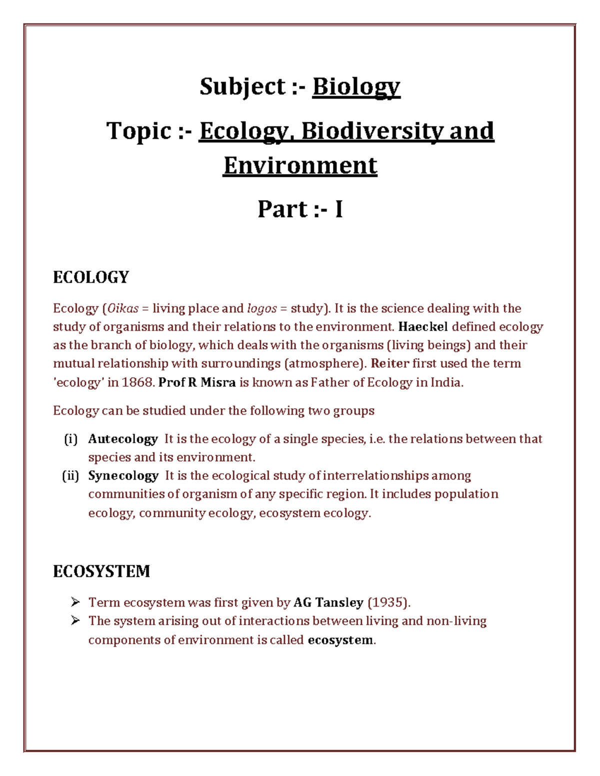 Ecology, Biodiversity and Environment part 1 class notes - Subject ...