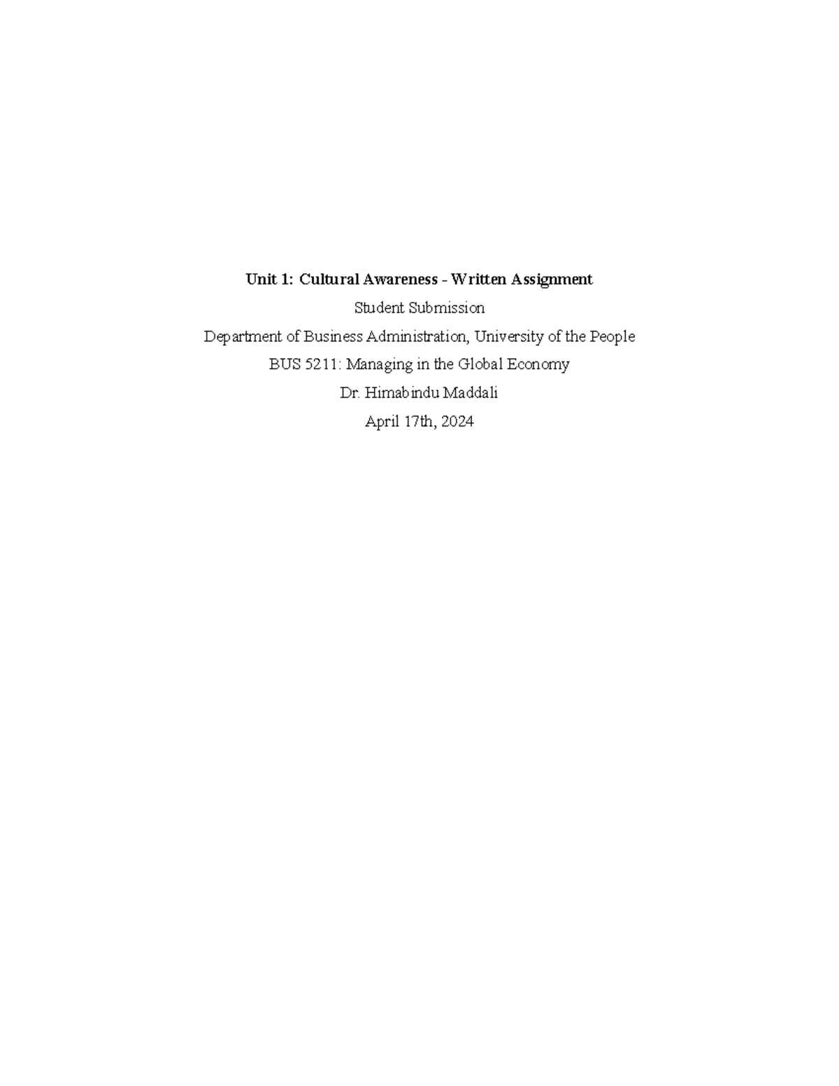 Unit 1 Cultural Awareness - Written Assignment - Unit 1: Cultural ...