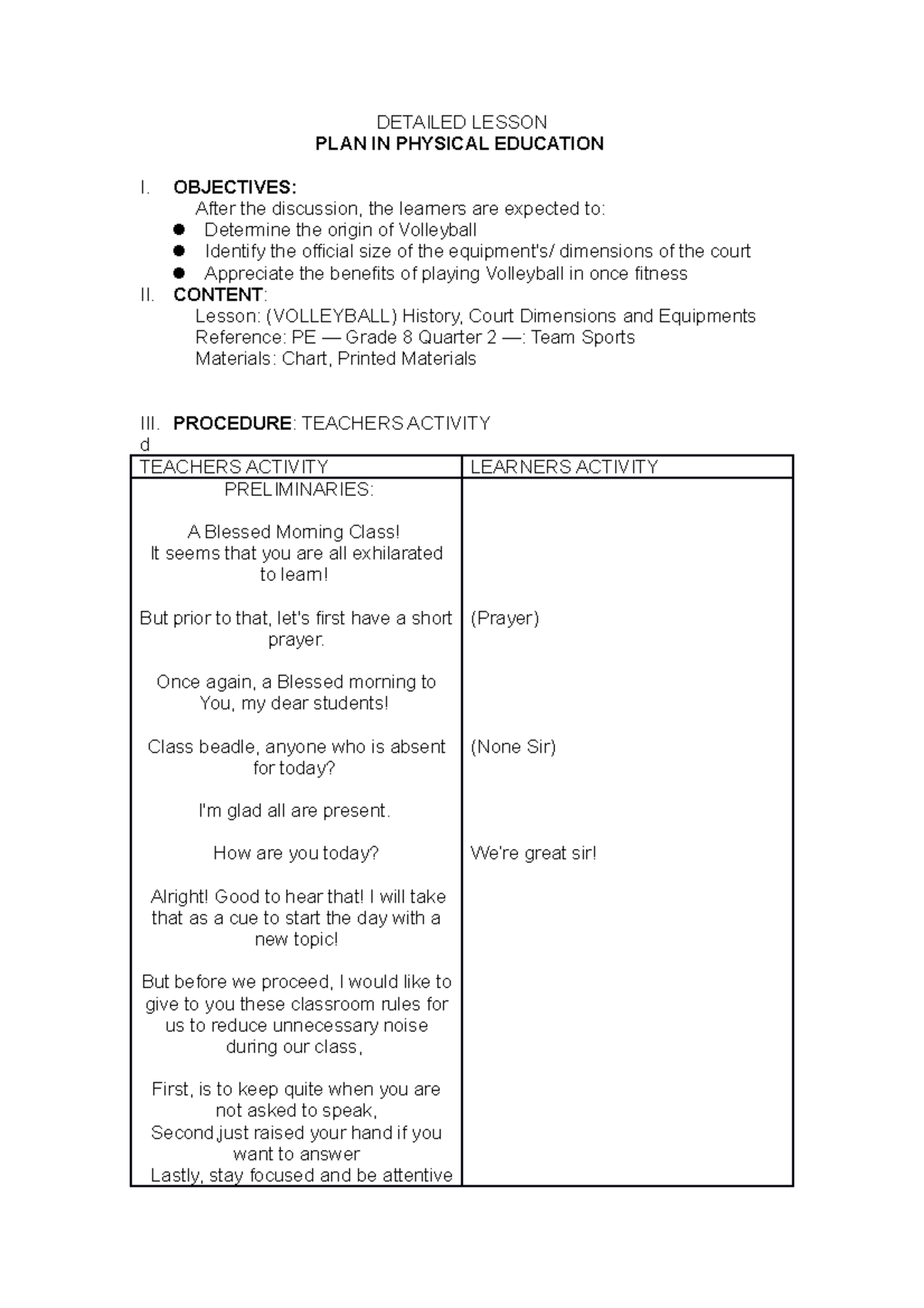DLP Volleybal - please read - DETAILED LESSON PLAN IN PHYSICAL ...