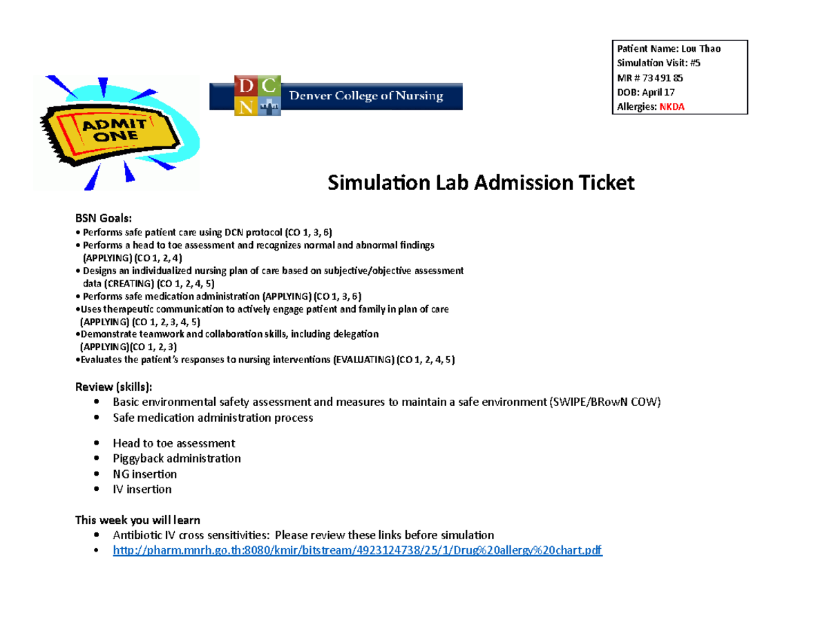 (SP22) BSN THAO Ticket - med surg - Simulation Lab Admission Ticket BSN ...