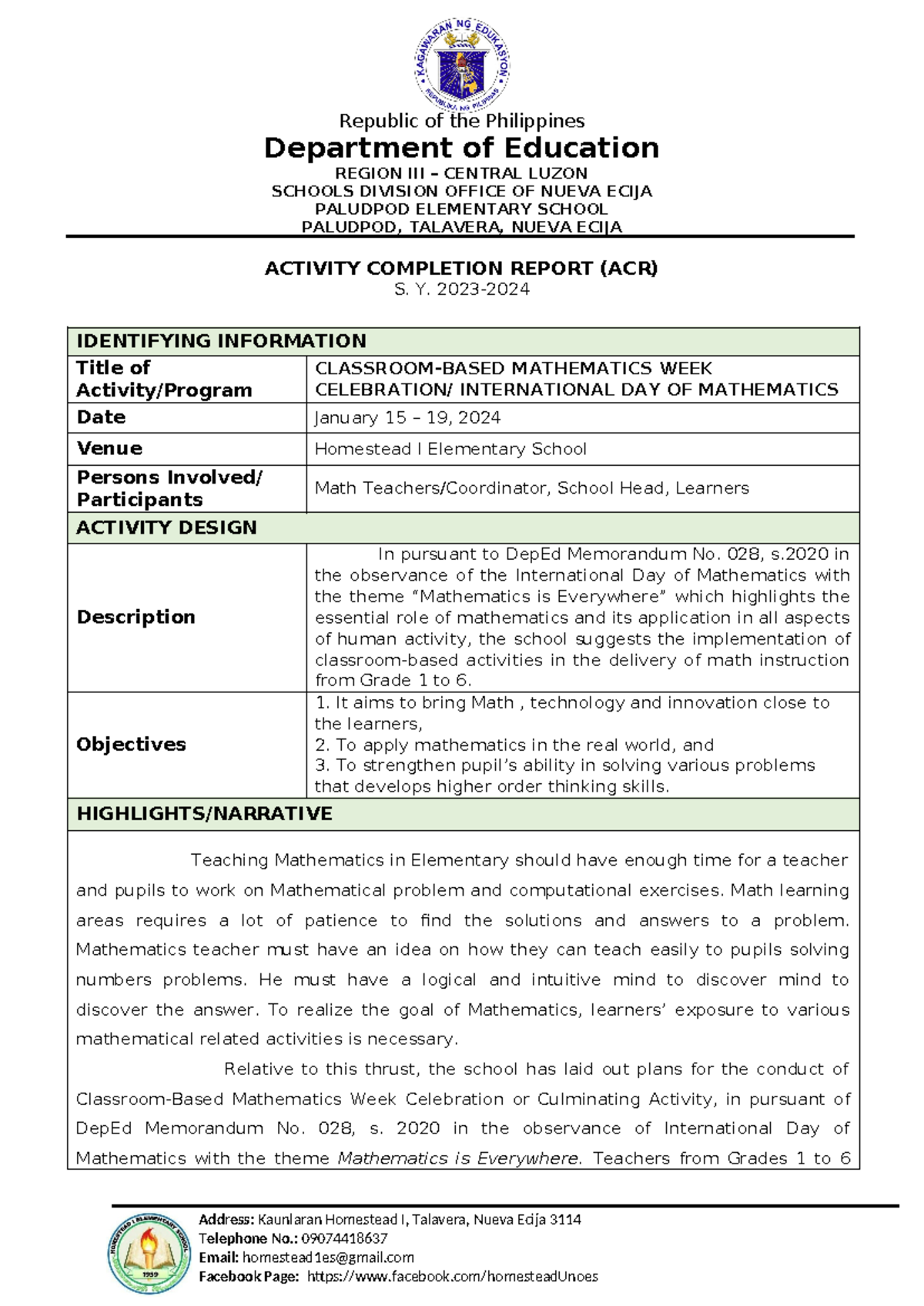 Accomplishment Report in mathematics for better calculation ...