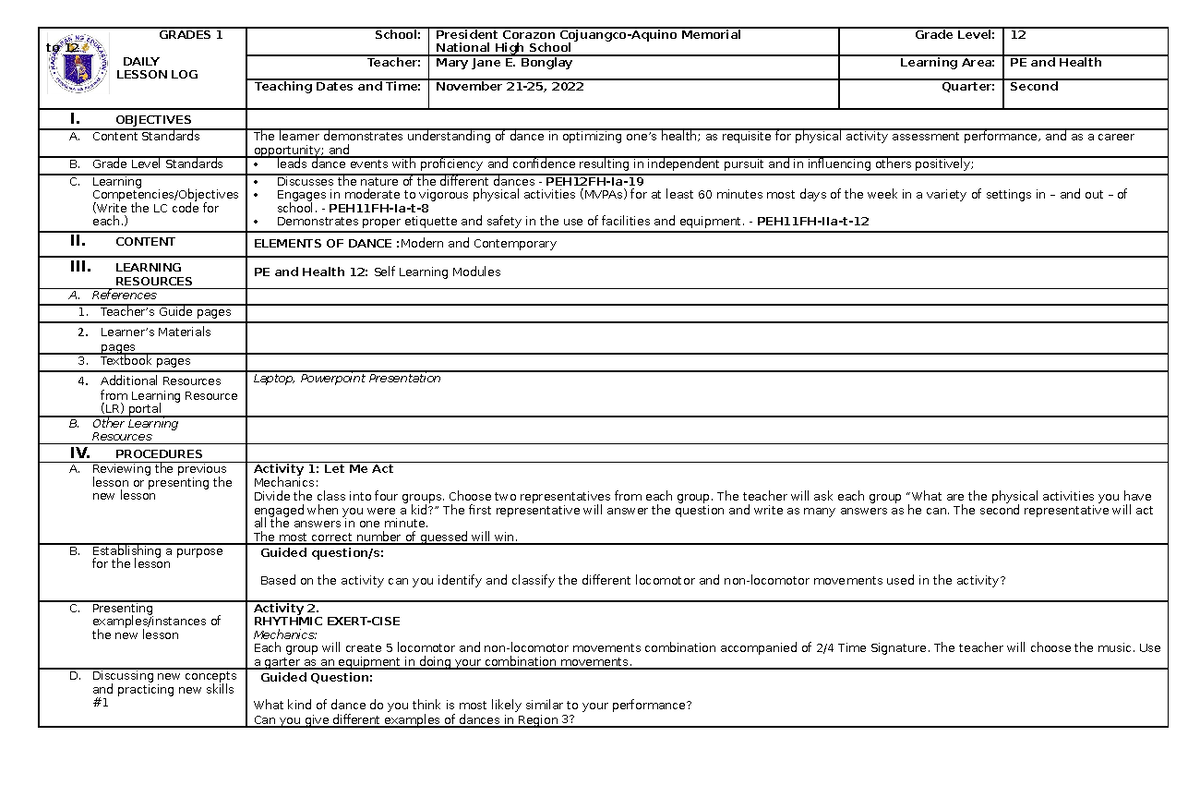 HOPE 3 WEEK 2(Q2) - DLL - GRADES 1 to 12 DAILY LESSON LOG School ...