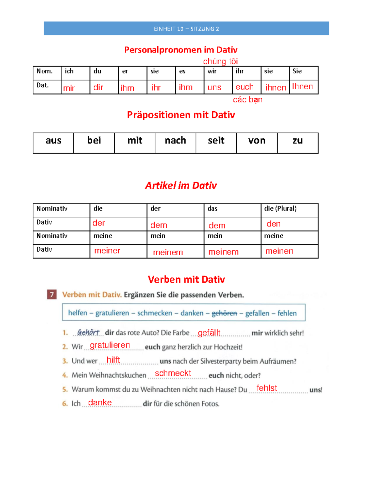 Einheit 10 - Sitzung 2 - German 4A - Personalpronomen im Dativ Nom. ich ...