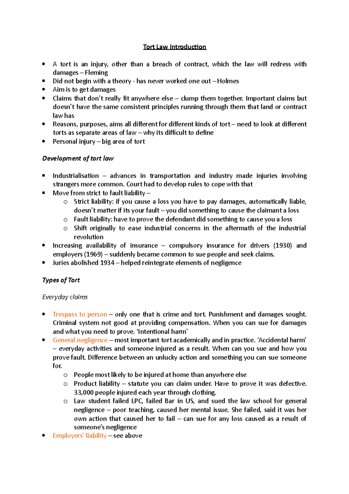Tort Introduction - Revision Notes: Intro to Law of Tort - Tort Law ...