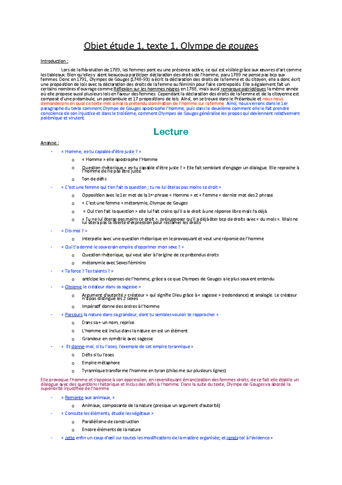 OB1, Texte 1 - Objet étude 1, texte 1, Olympe de gouges Introduc 8 on : Lors de la Révolu 8 on ...
