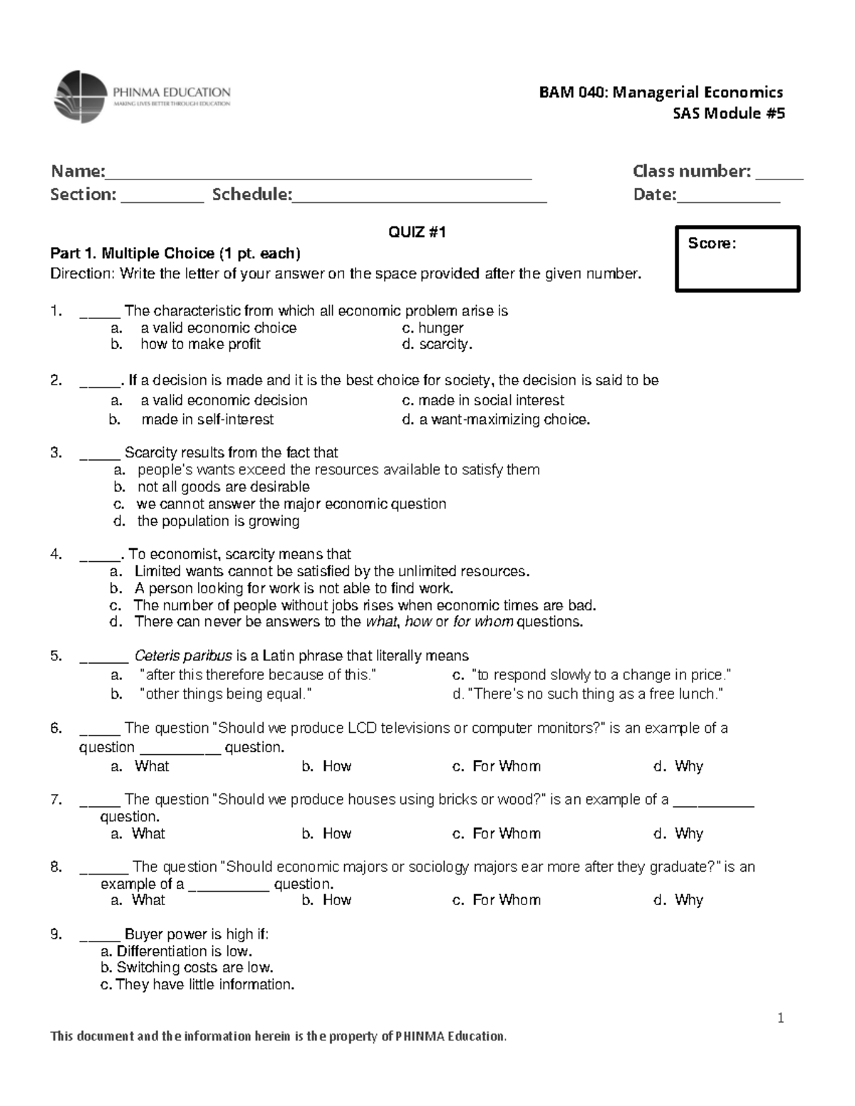 BAM 040 SAS#5 (Quiz 1) - This will serve as notes to students who needs ...