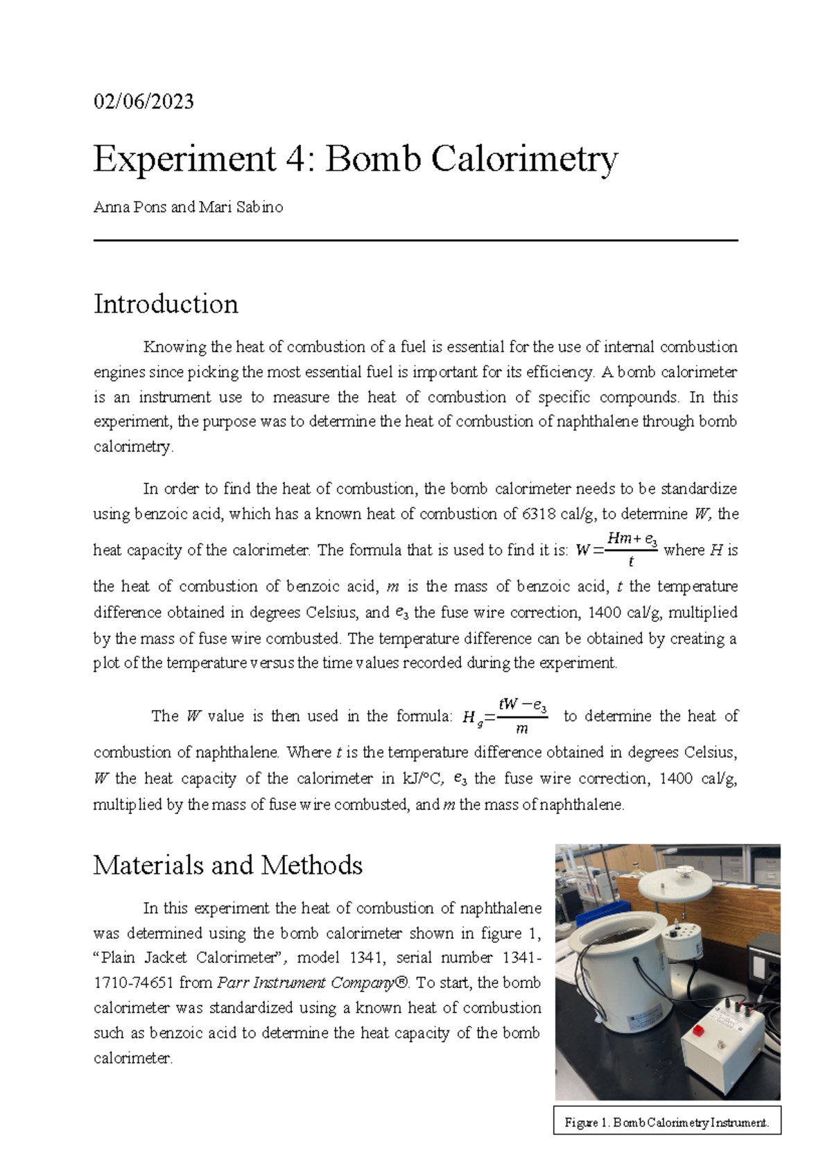 Bomb calorimetry report - 02/06/ Experiment 4: Bomb Calorimetry Anna ...