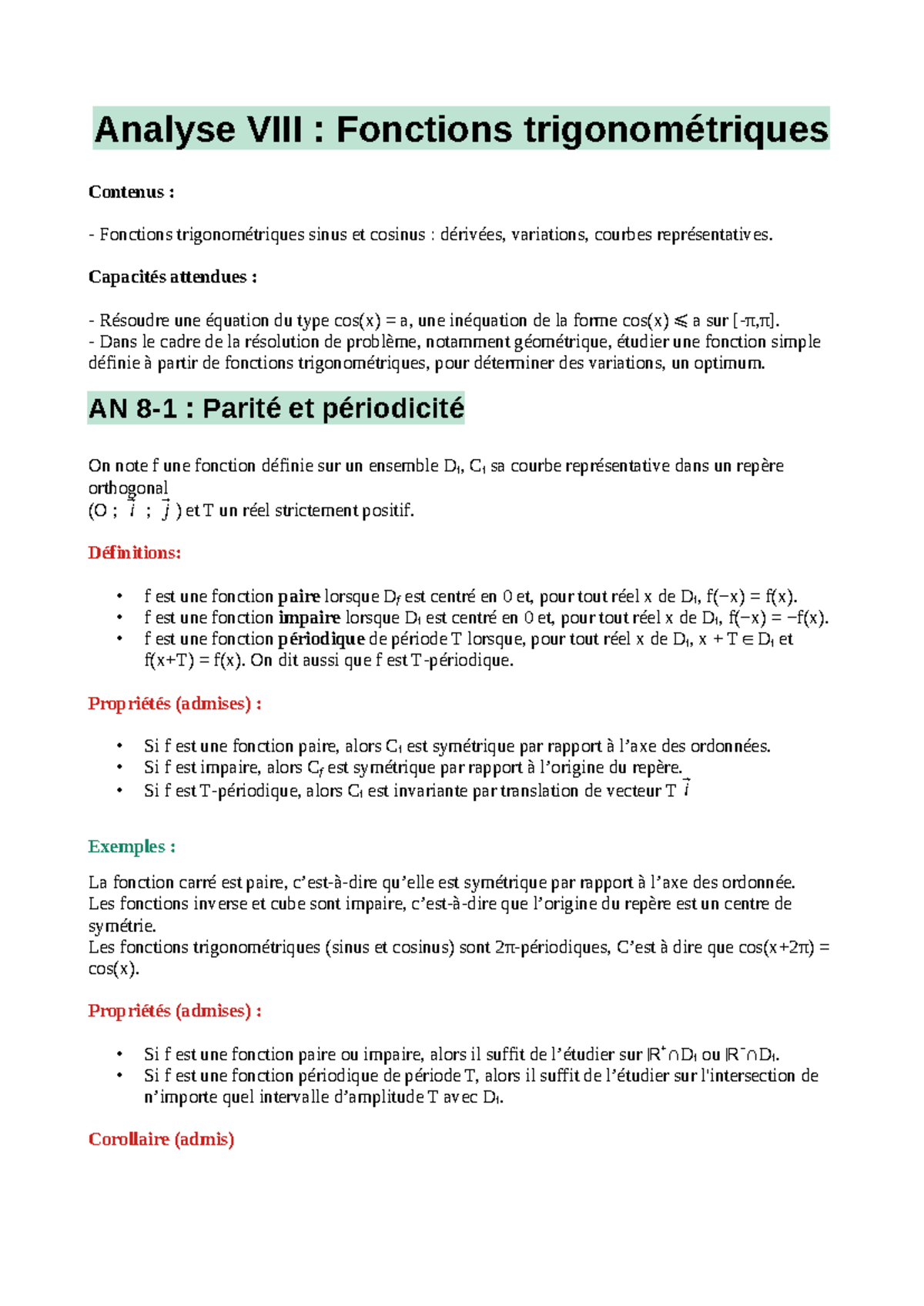 Cours Fonction trigo - Analyse VIII : Fonctions trigonométriques Contenus : Fonctions - Studocu