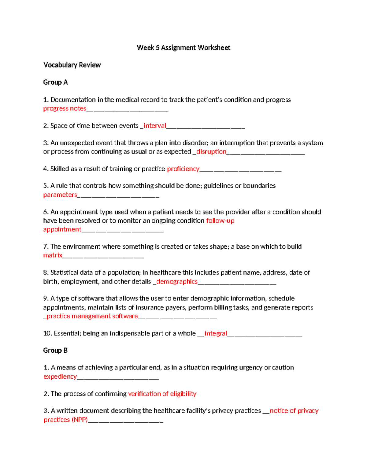 Week 5 Assignment Worksheet WEEK 5 Assignment Medical Office Procedures ...