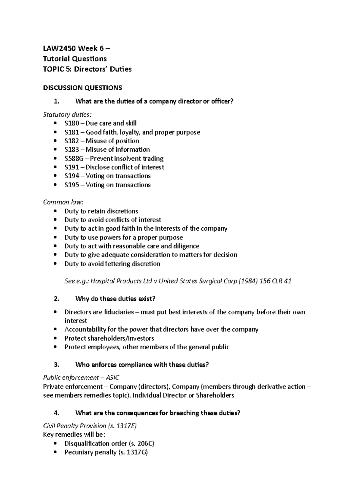 Week 6 - In class Questions - LAW2450 Week 6 – Tutorial Questions TOPIC 5: Directors’ Duties ...