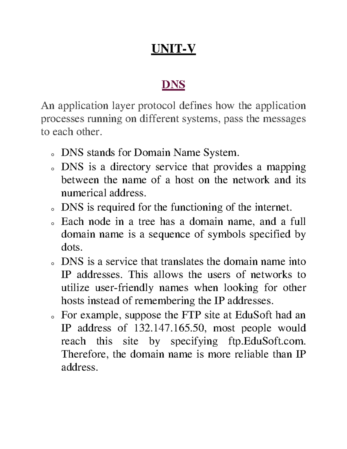 UNIT V - n?A - UNIT-V DNS An application layer protocol defines how the application processes ...