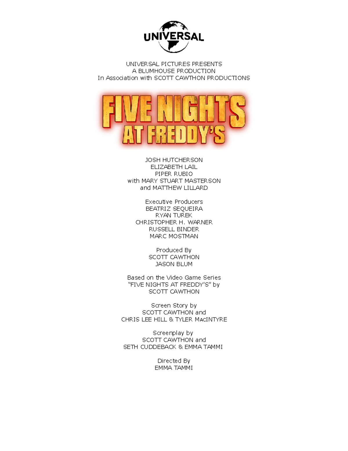 FIVE Nights AT Freddys Production Information Approved - UNIVERSAL ...