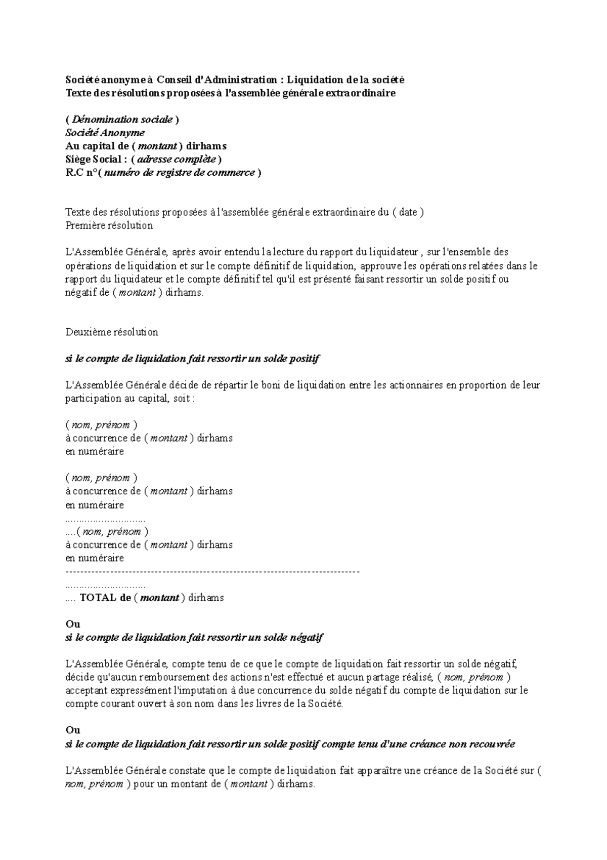 Textes de résolution - Société anonyme à Conseil d'Administration ...