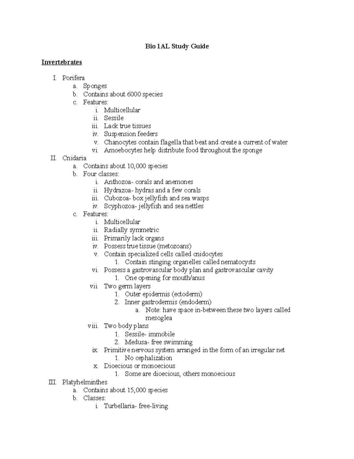 Study guide for lab - Bio 1AL Study Guide Invertebrates I. Porifera a ...