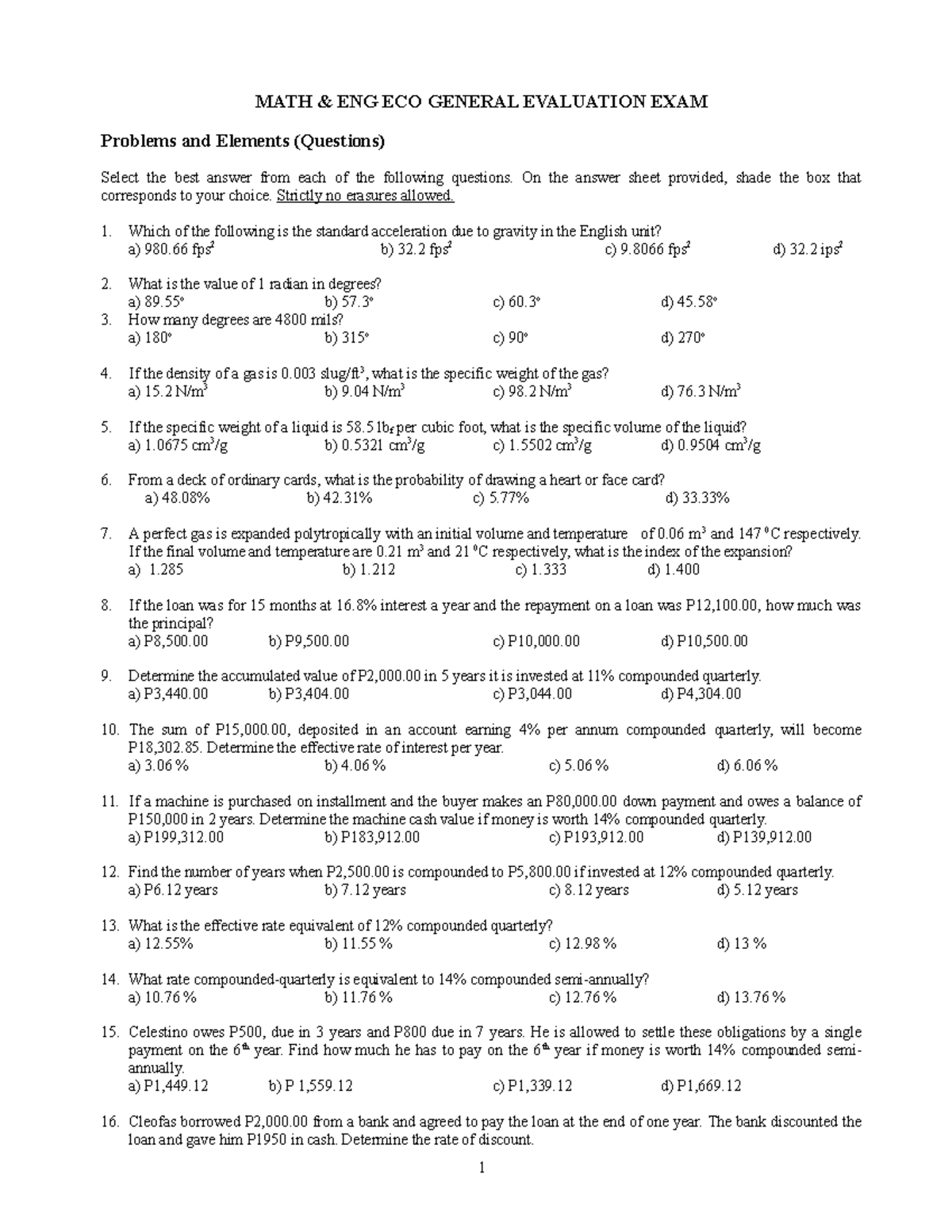 Mathematics Questionnaire - MATH & ENG ECO GENERAL EVALUATION EXAM ...
