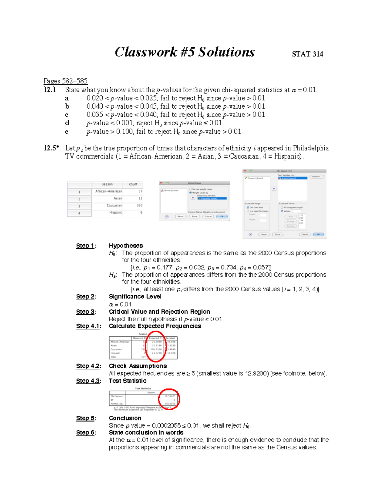 Cw05sol - solutions page - Classwork # Solutions STAT 314 Pages 582– 12 ...