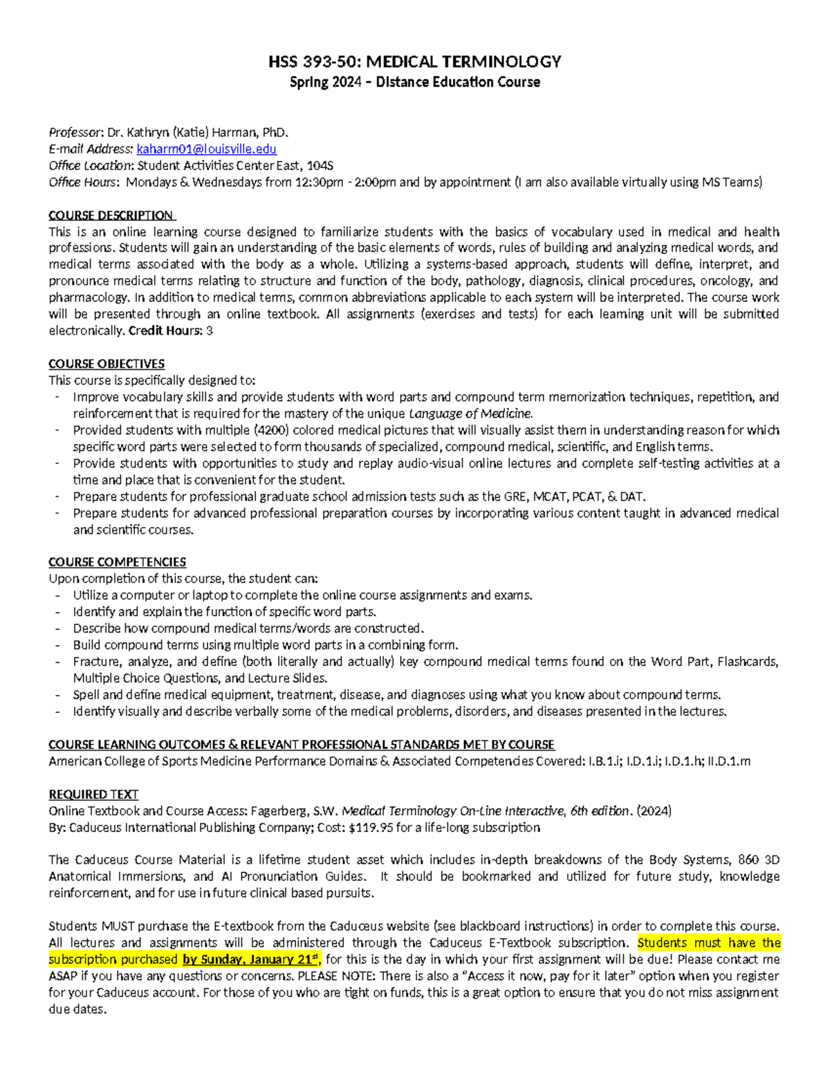 HSS-393-50-4242 Syllabus SP24(1) - HSS 393-50: MEDICAL TERMINOLOGY ...