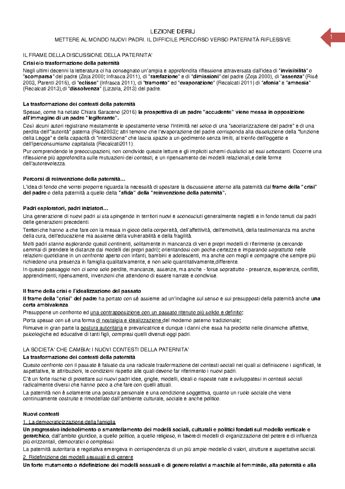 9. Lezione Deriu - 1 LEZIONE DERIU METTERE AL MONDO NUOVI PADRI. IL DIFFICILE PERCORSO VERSO ...