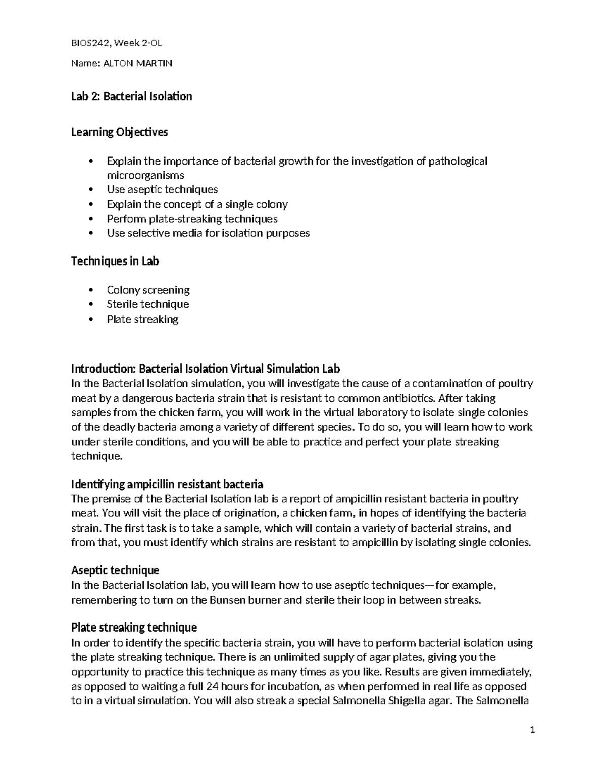BIOS 2420 WK2 OL Bacterial Isolation Alton - Name: ALTON MARTIN Lab 2 ...
