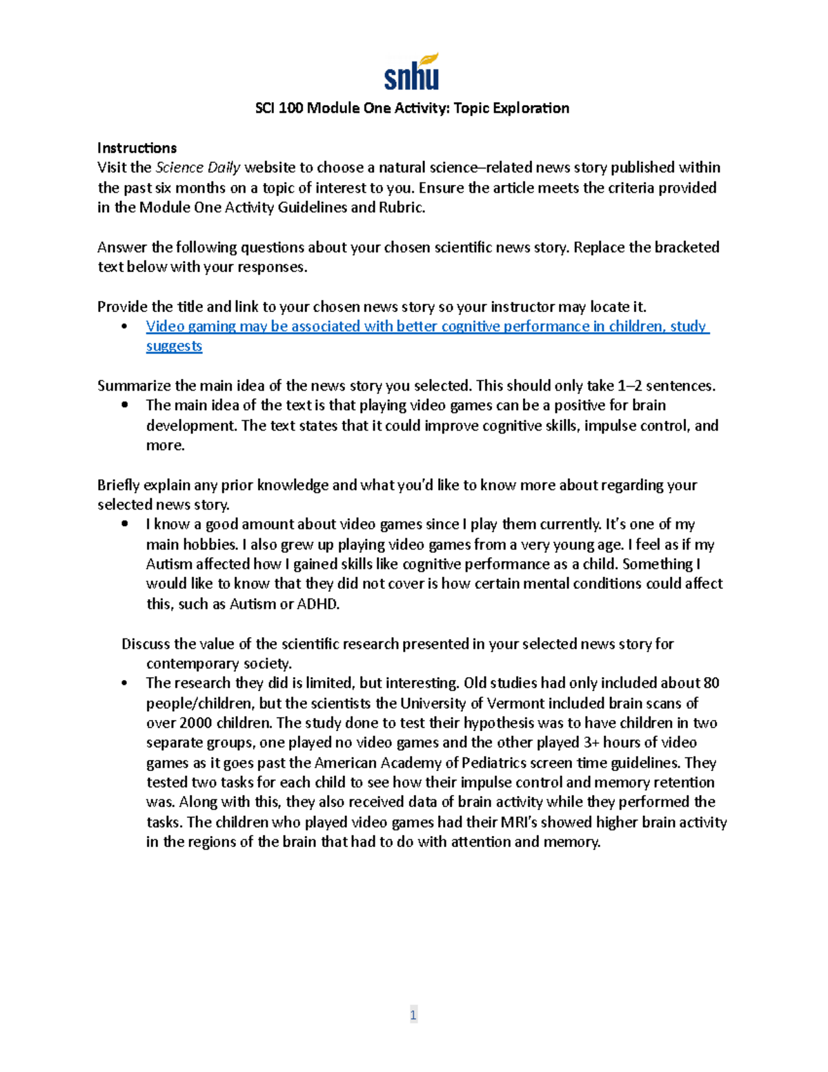 SCI 100 Module One Activity (AT) - SCI 100 Module One Activity: Topic Exploration Instructions ...