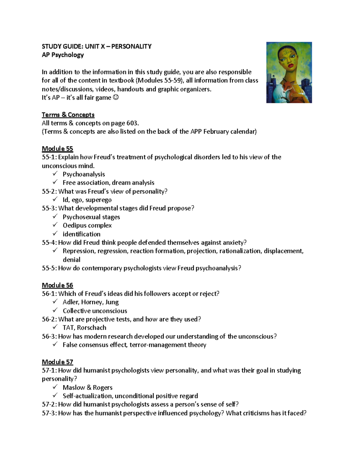 UNIT X Study Guide 1415 - STUDY GUIDE: UNIT X – PERSONALITY AP ...
