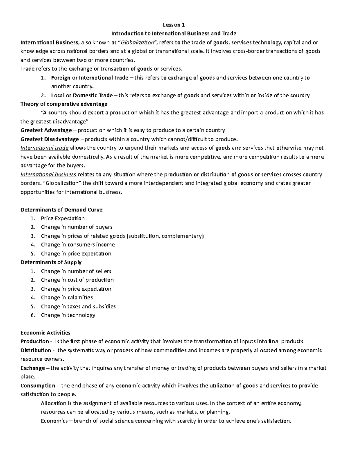 IBT - Lesson 1 - Lecture notes 1 - Lesson 1 Introducion to Internaional ...