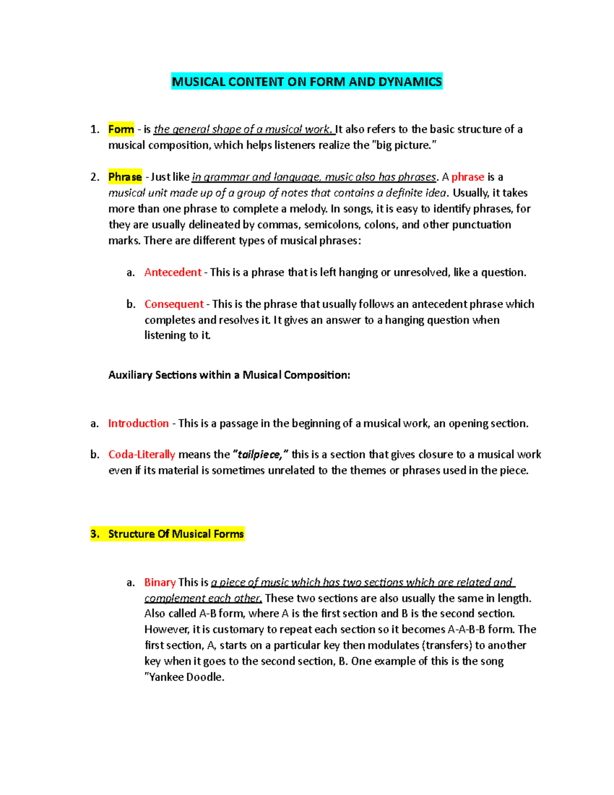 Musical Content ON FORM AND Dynamics - MUSICAL CONTENT ON FORM AND ...