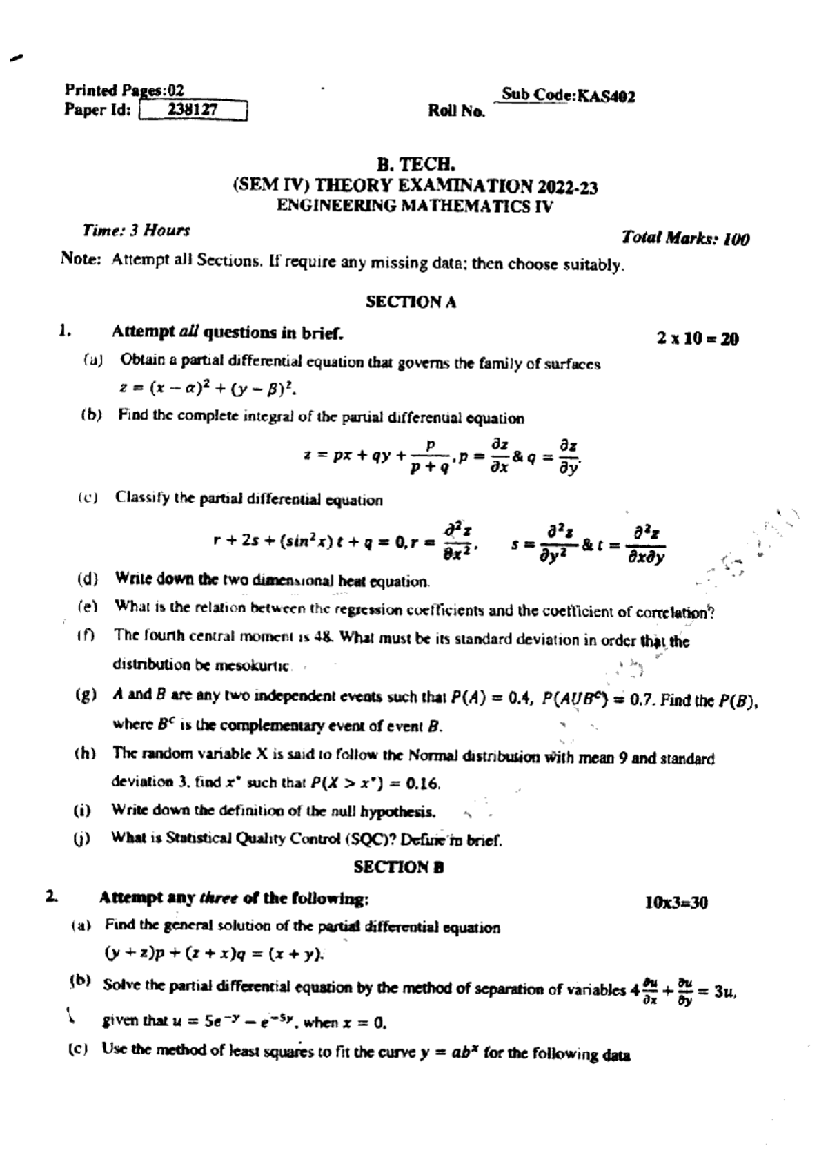 Btech as 4 sem engineering mathematics 4 kas402 aug 2023 - Printed ...