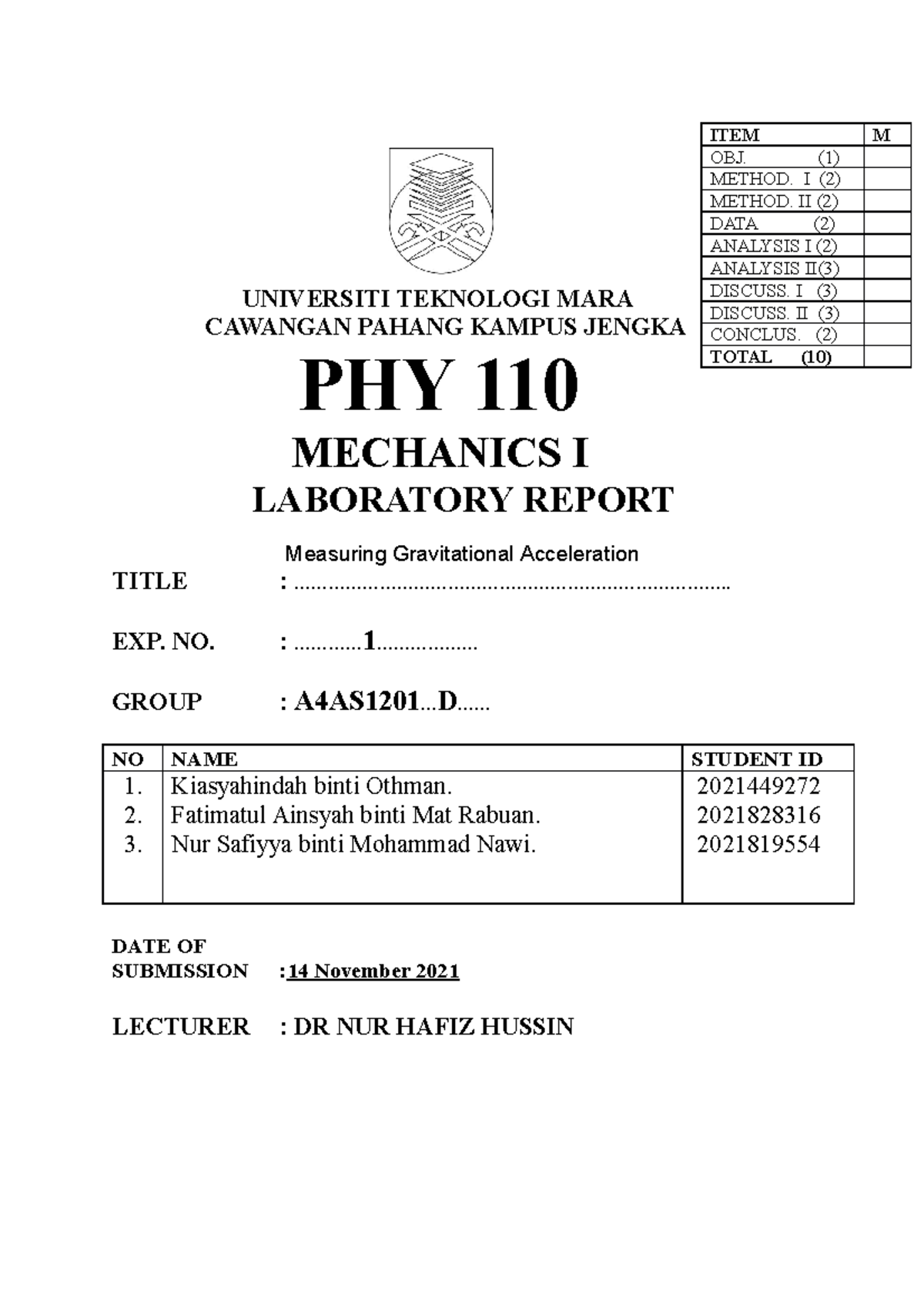 PHY 110 Lab exp1 in words about gravity and acceleration - Physics Engineering - UiTM - Studocu