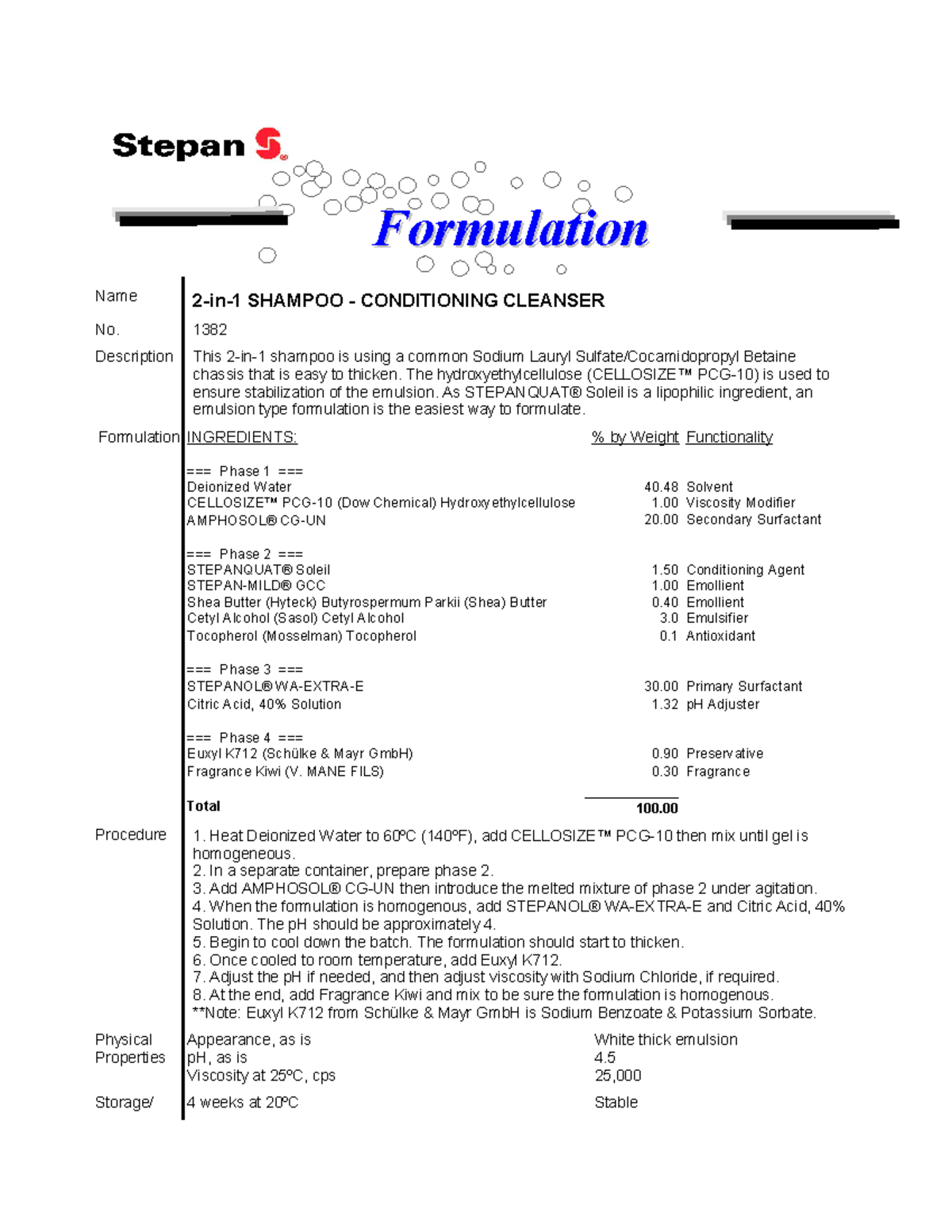 Stepan Formulation 1382 - FFoorrmmuullaattiioonn Name 2-in-1 SHAMPOO ...