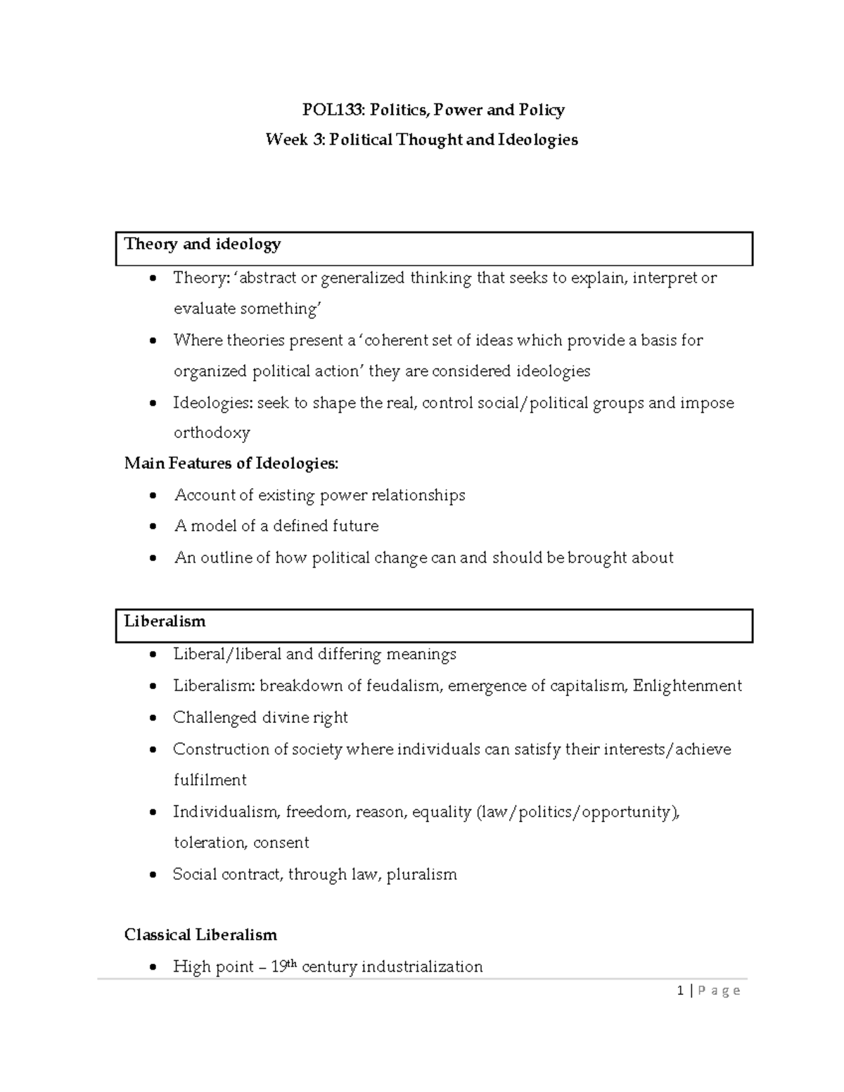 Week Three Political Ideologies lecture notes for students - POL133 ...