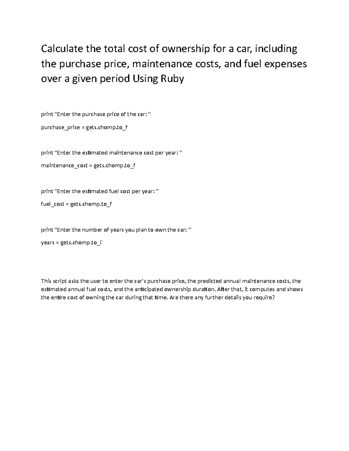Comp6076 Assign 10 Ruby Calculate The Total Cost Of Ownership For A Car Including The 