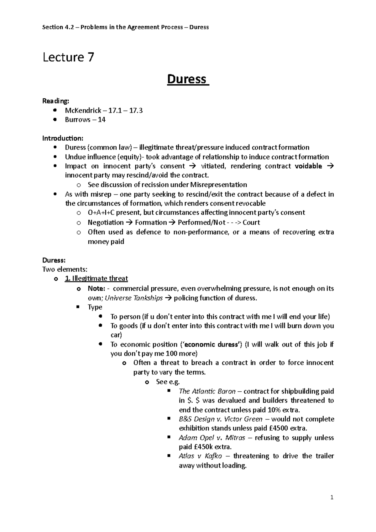 7 Duress - Section 4 – Problems in the Agreement Process – Duress Lecture 7 Duress Reading ...