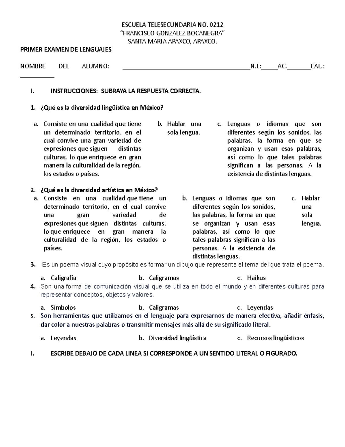 Examen DE Lenguajes 1 Segundo Grado - ESCUELA TELESECUNDARIA NO. 0212 “FRANCISCO GONZALEZ ...