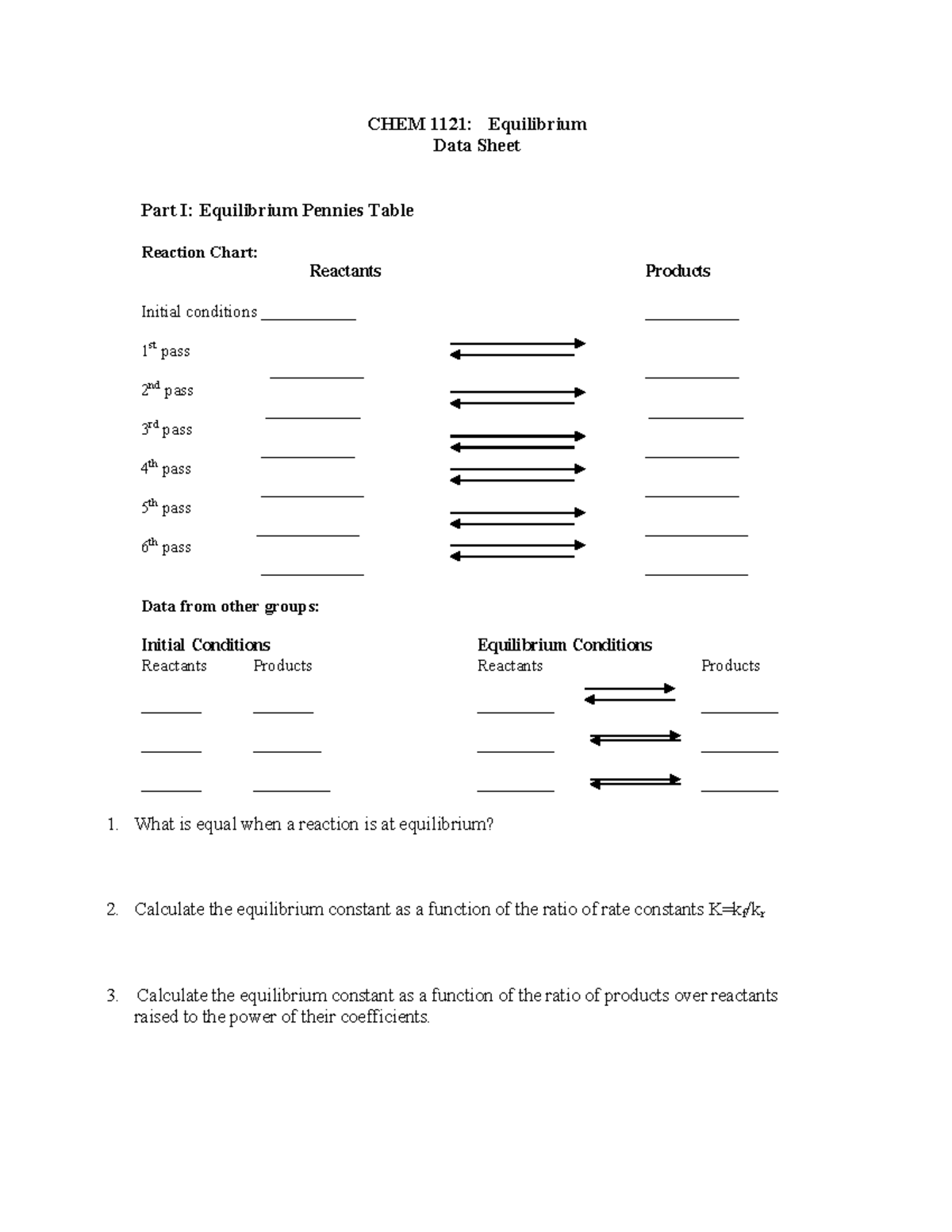 1121Equilibrium Report Sheet F 24 - CHEM 1121: Equilibrium Data Sheet ...