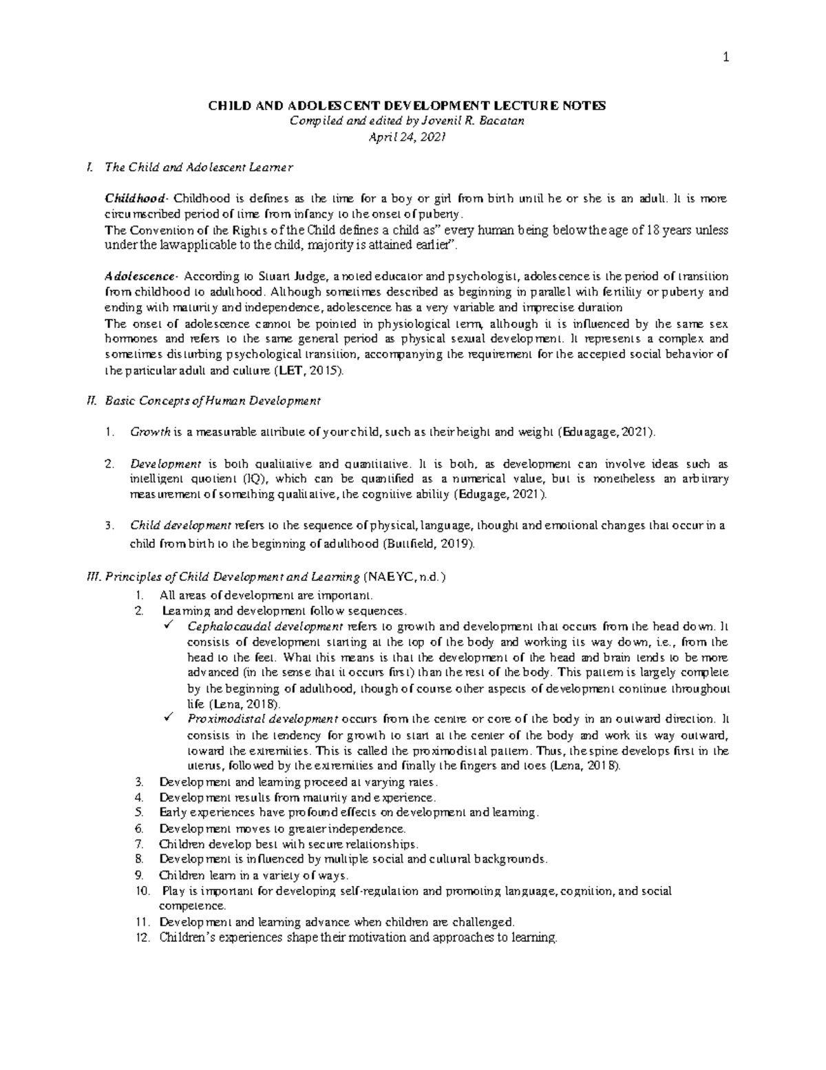 Child and Adolescent Development Lecture - CHILD AND ADOLES CENT DEV ...