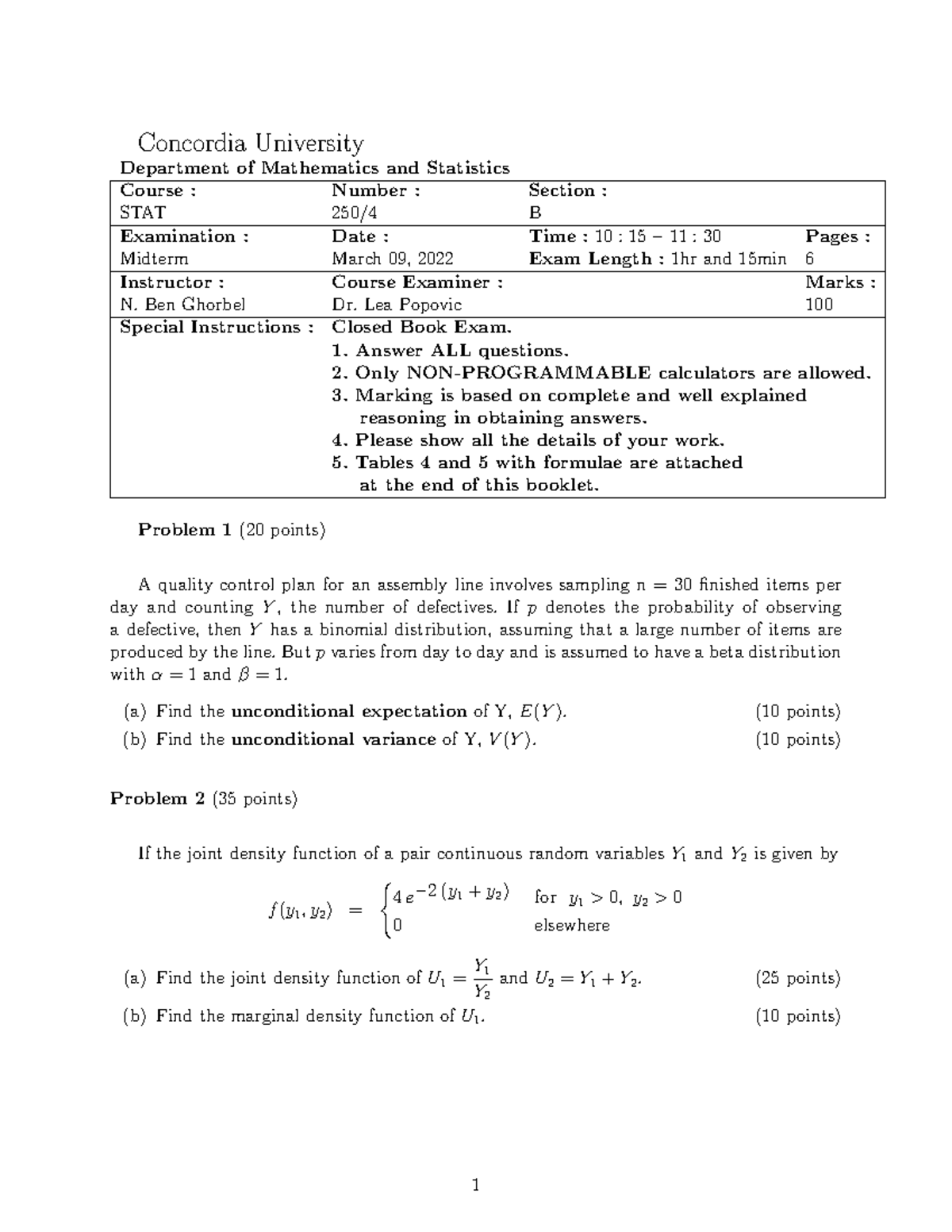 Mid Term Exam - Concordia University Department of Mathematics and ...