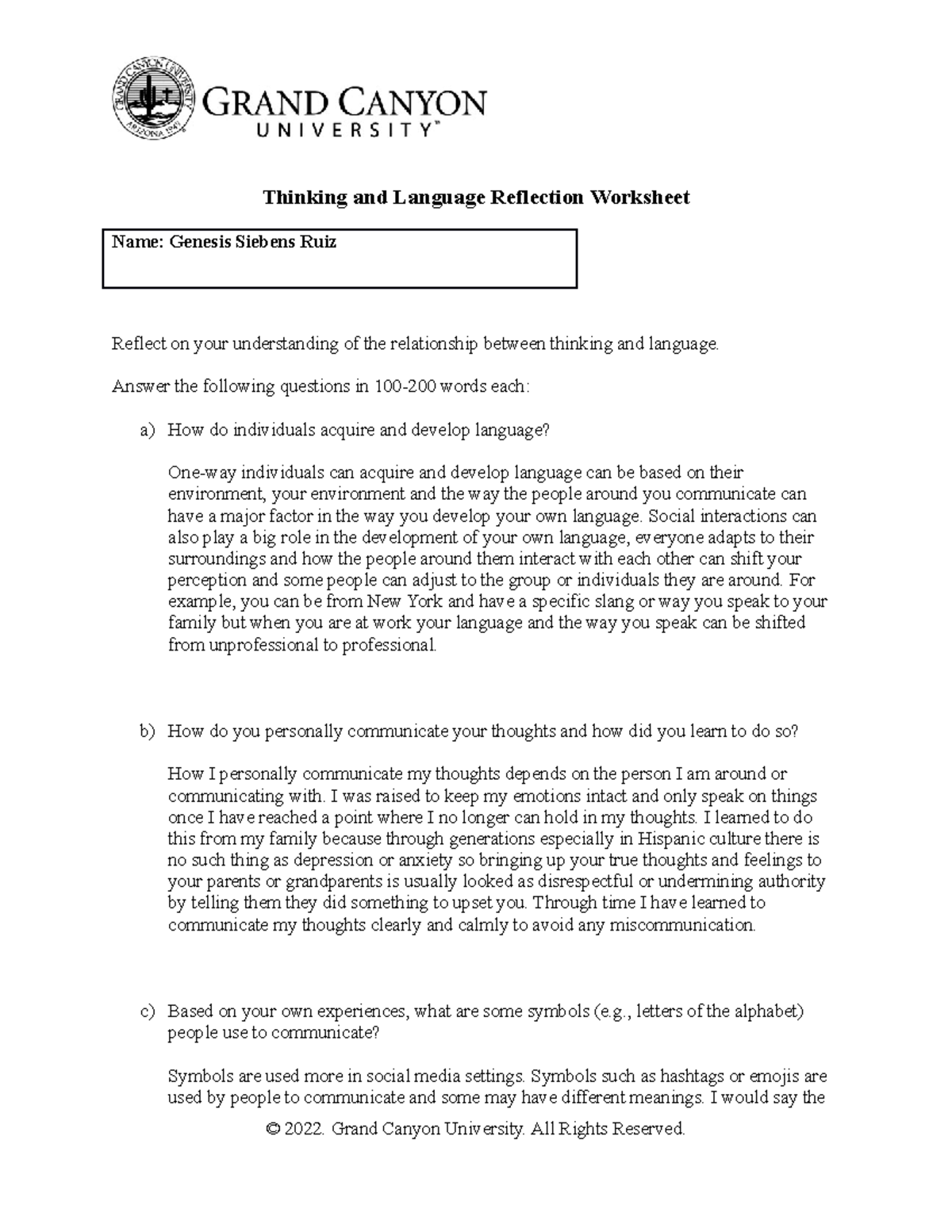 Thinking and language worksheet - Thinking and Language Reflection ...