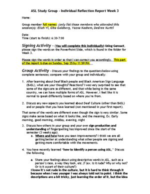 ASL Report Week 2 - ASL Study Group - Individual Reflection Report Week ...
