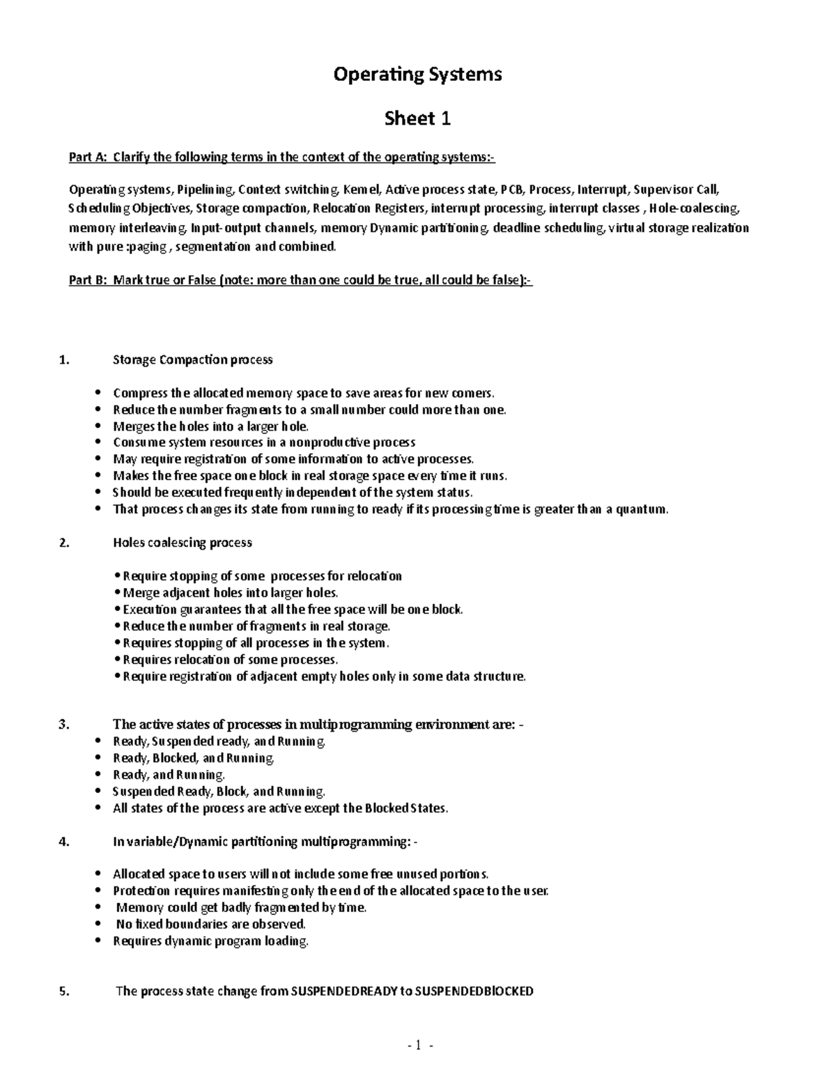 Operating Systems sheets - Operating Systems Sheet 1 Part A: Clarify ...