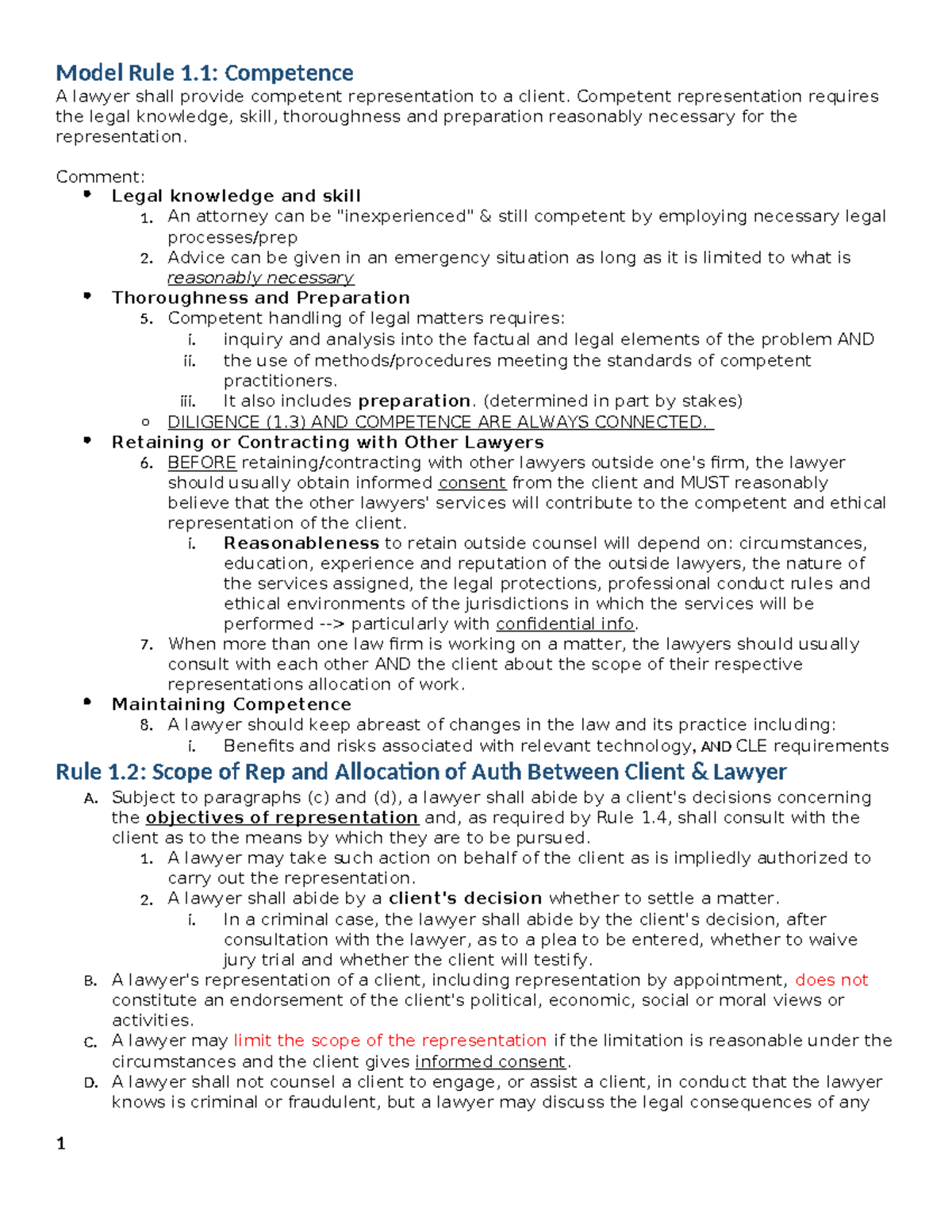 PR Outline - Professional Responsibility - Model Rule 1: Competence A ...