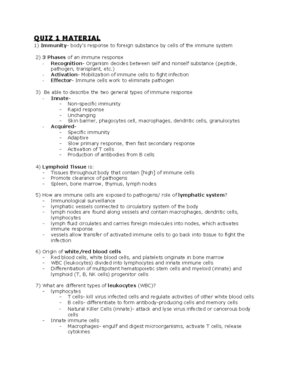Biology immunology final study guide - QUIZ 1 MATERIAL 1) Immunity ...